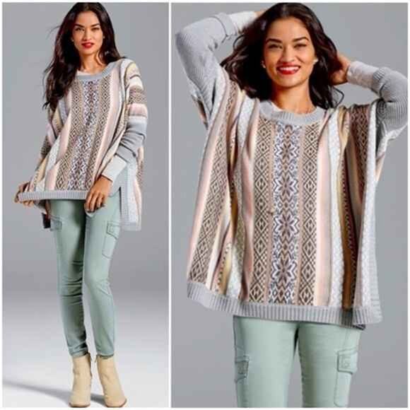 CAbi | Sweaters | Cabi Women Sweater Small Gray Multi Fair Isle Poncho ...